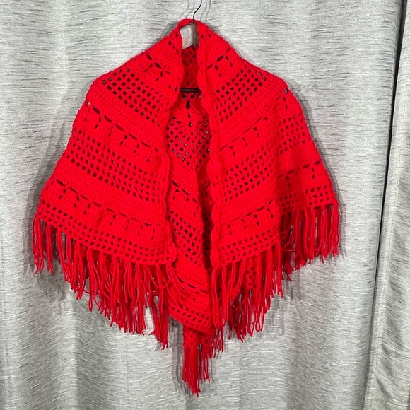 Sweaters | Vintage Handmade Red Crochet Shawl With Fringe | Poshmark